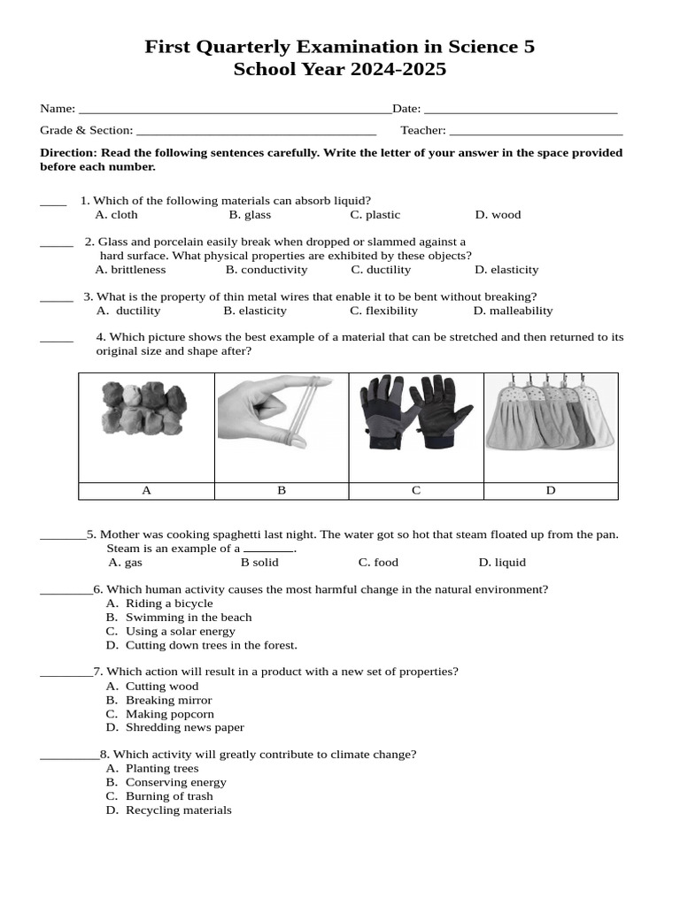SCIENCE 5- FIRST PERIODICAL TEST with KEY ANSWER | PDF | Ductility | Reuse