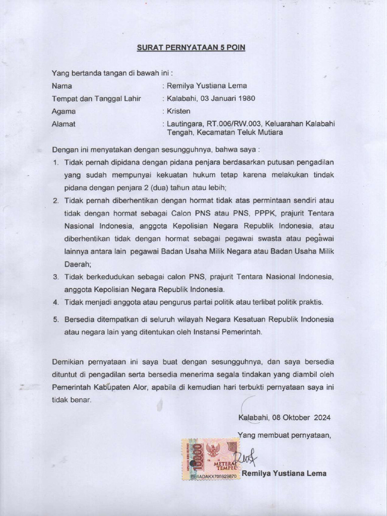 Surat Pernyataan 5 Pon Remilia | PDF