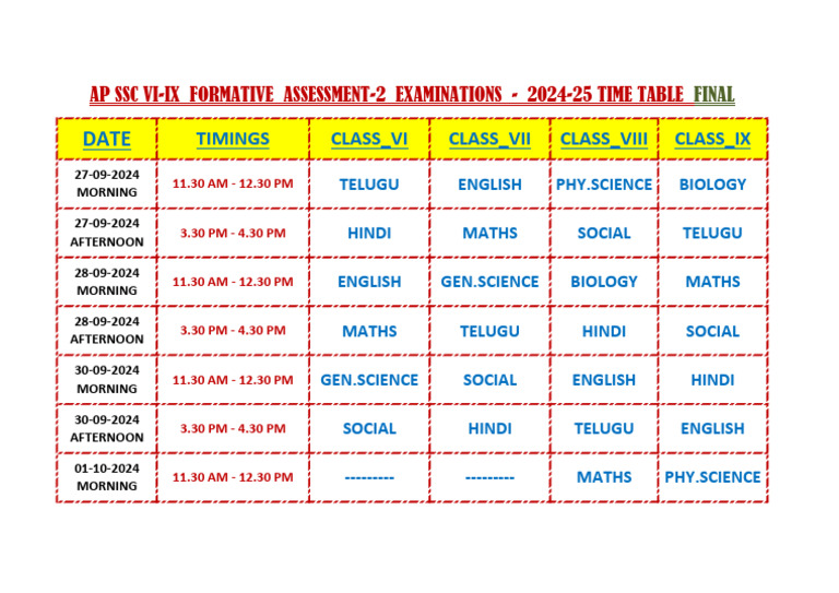 AP SSC Vi-Ix Formative Assessment-2 Examinations - 2024-25 - Time Table | PDF | Social Science ...