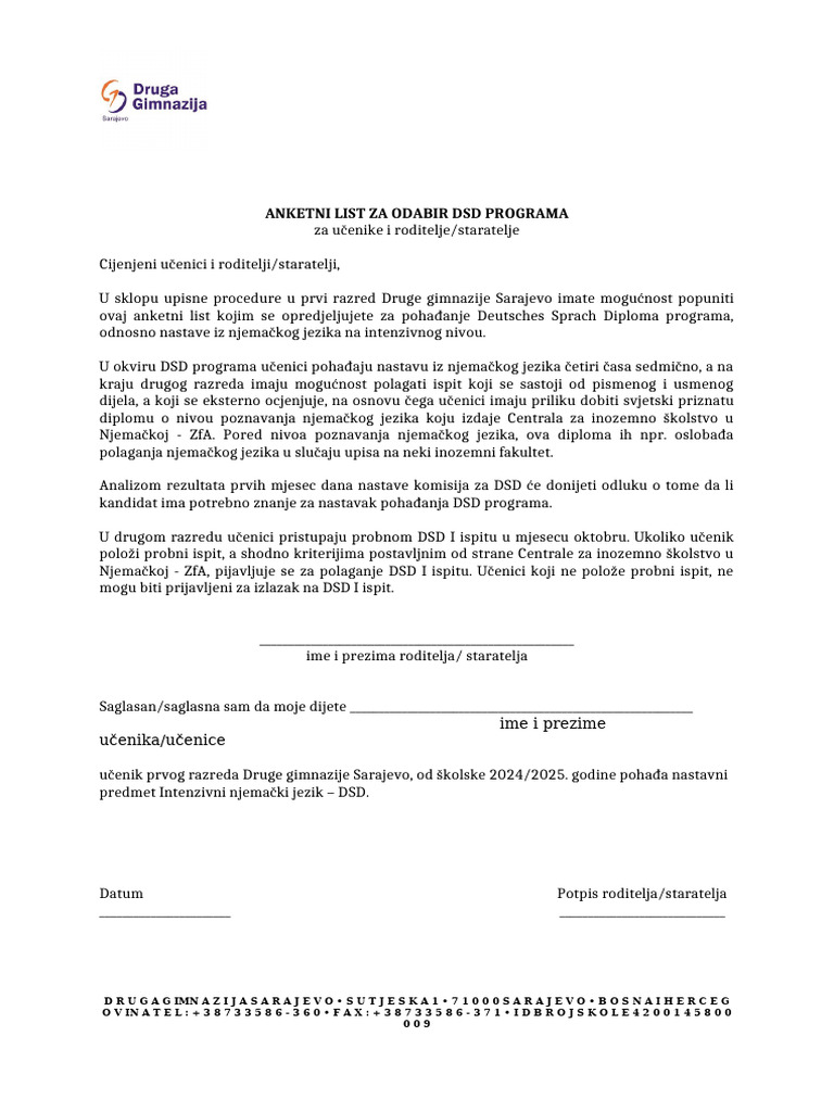 Anketni List Za Odabir DSD Programa 2 | PDF