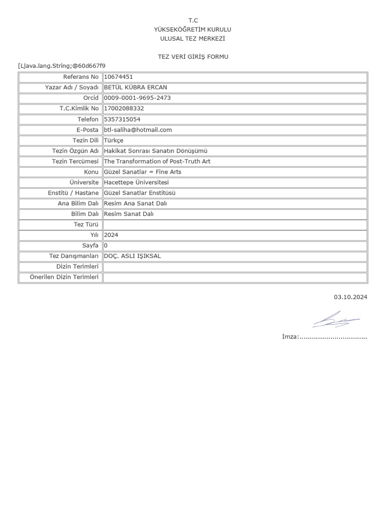 Ulusal Tez Merkezi - Tez Form Yazdir | PDF