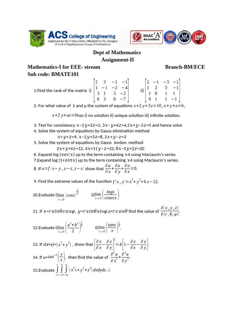 Dept of Mathematics Assignment-II Mathematics-I For EEE-stream Branch-BM/ECE Sub Code: BMATE101 ...