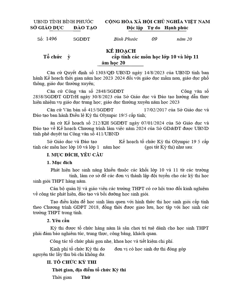 Ke Hoach To Chuc Ki Thi Olympic 19.5 Cap Tinh Nam Hoc 2023 2024 f1 | PDF