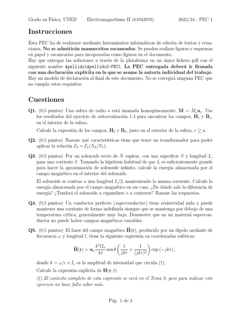 ELM2 Pec1 2024 | PDF | Campo magnético | Magnetización