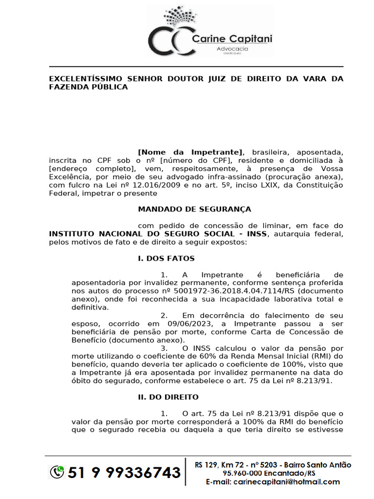 Mandado de Segurança INSS: Pensão por Morte | PDF | Mandamus | Sentença ...