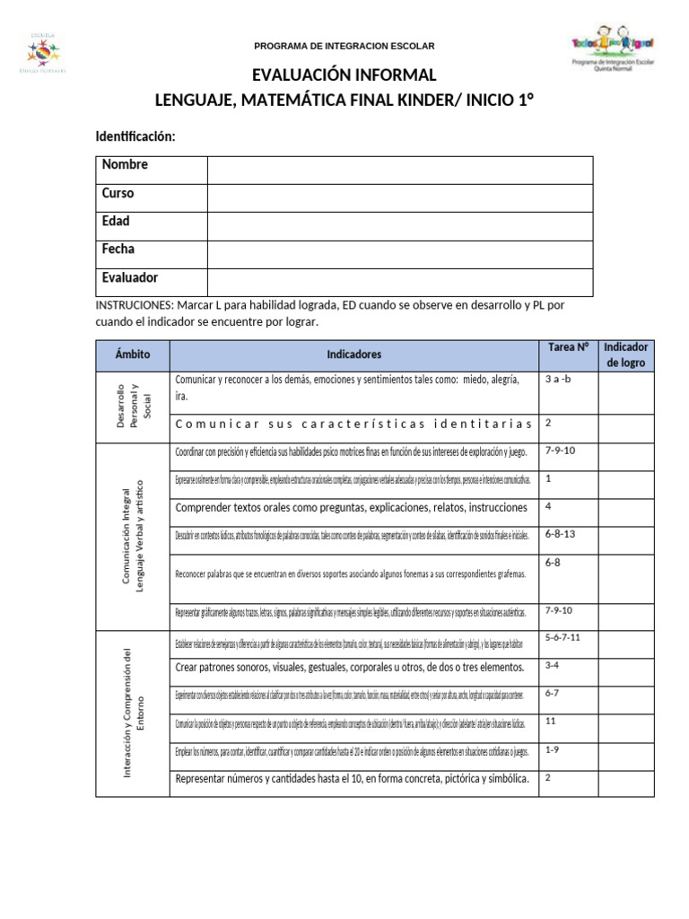 Evaluación Informal Kinder 1°: Lenguaje y Matemáticas | PDF ...