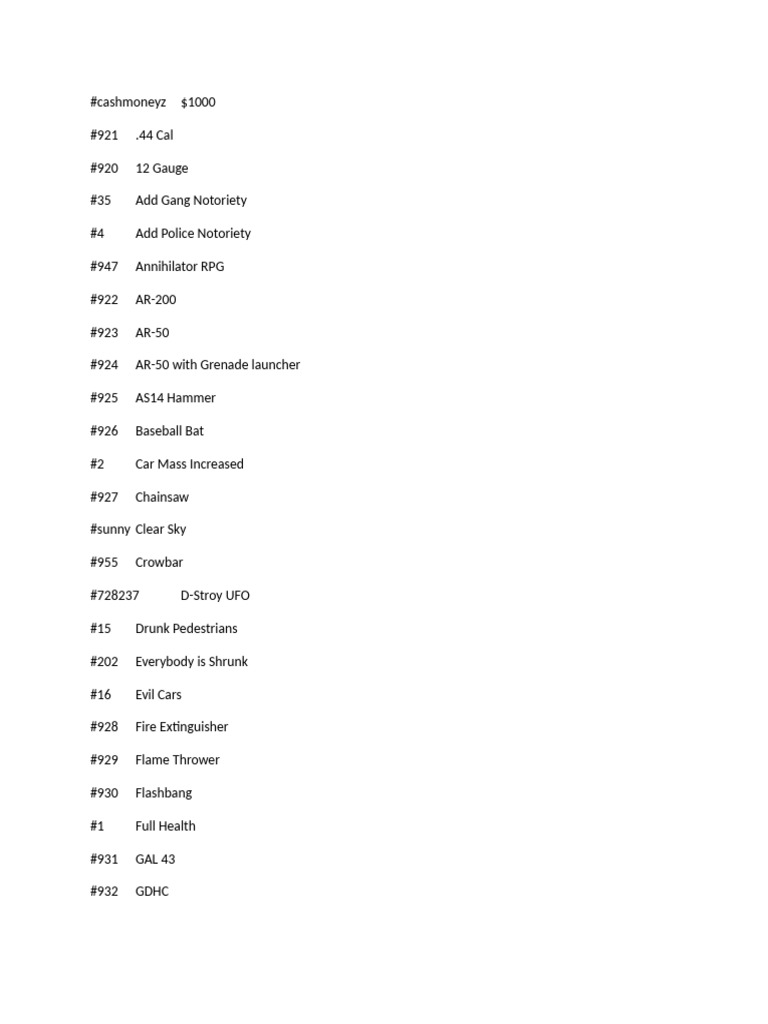 Saints Row Cheat Codes List | PDF