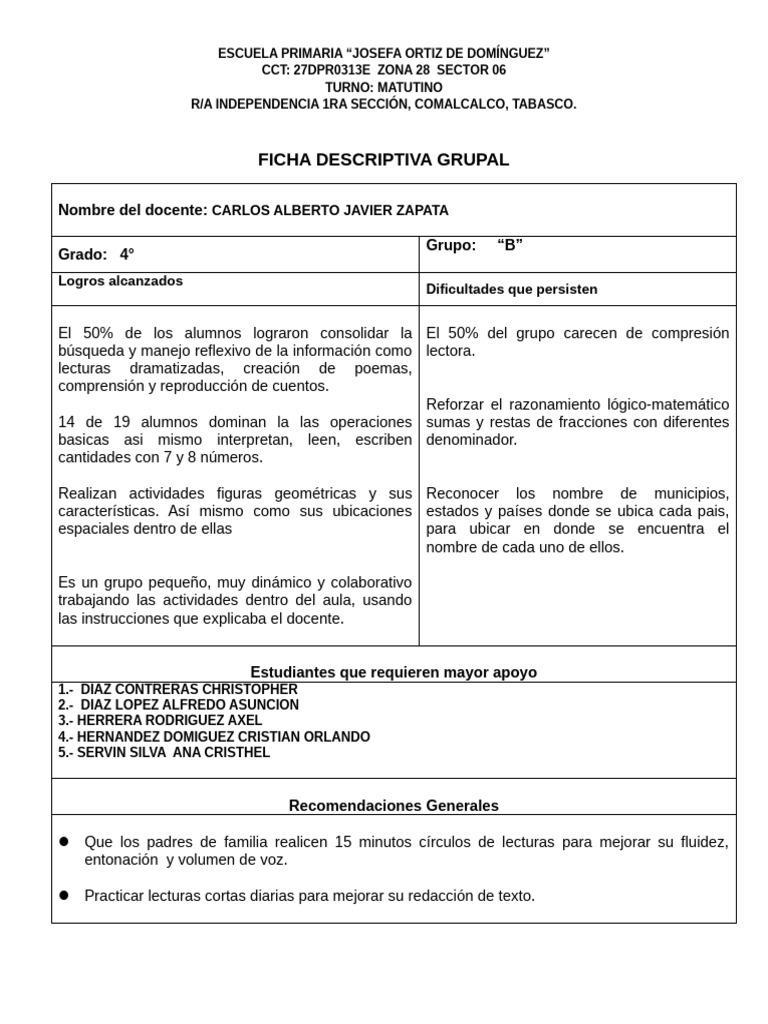 Ficha Descriptiva Grupal | PDF | Educación primaria | Modificación de ...