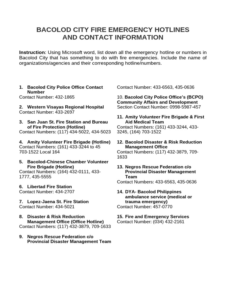 Bacolod City Fire Emergency Contacts | PDF | Social Science
