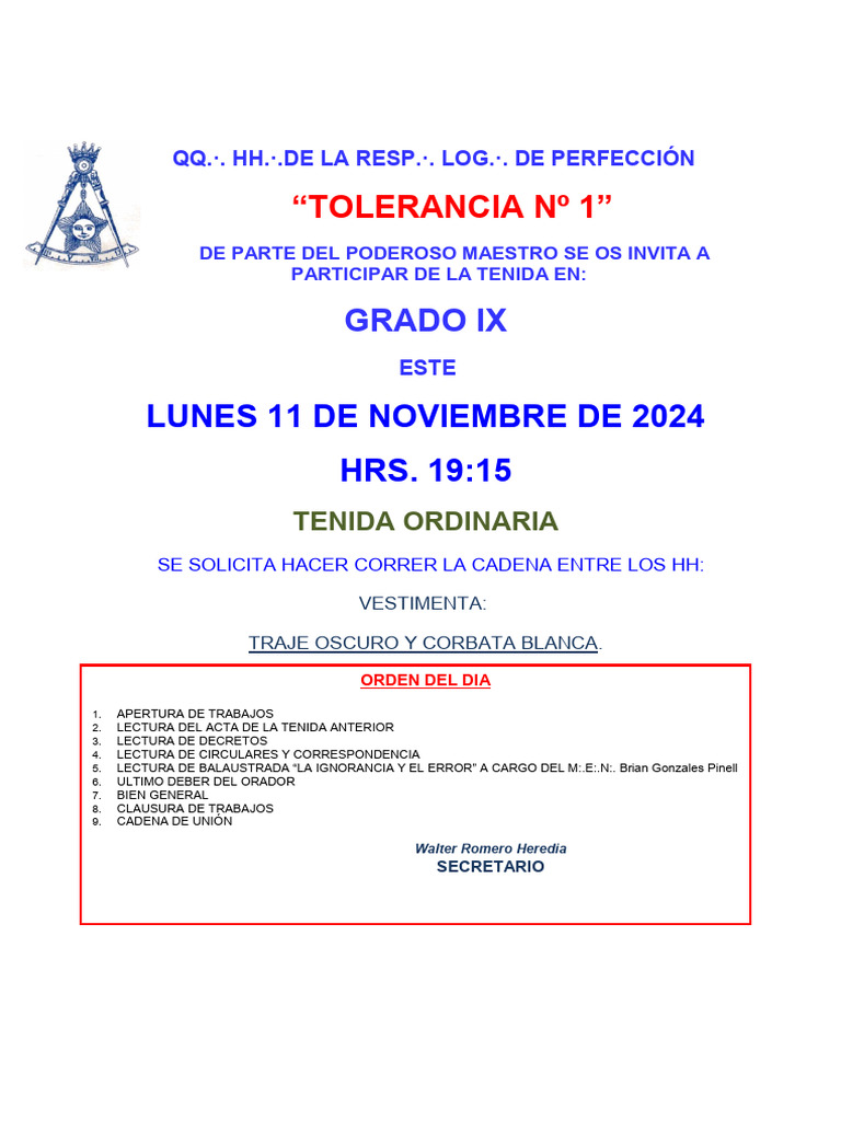 INVITACIÓN A TENIDA 5ta Gr. IX 11-Nov-2024 | PDF
