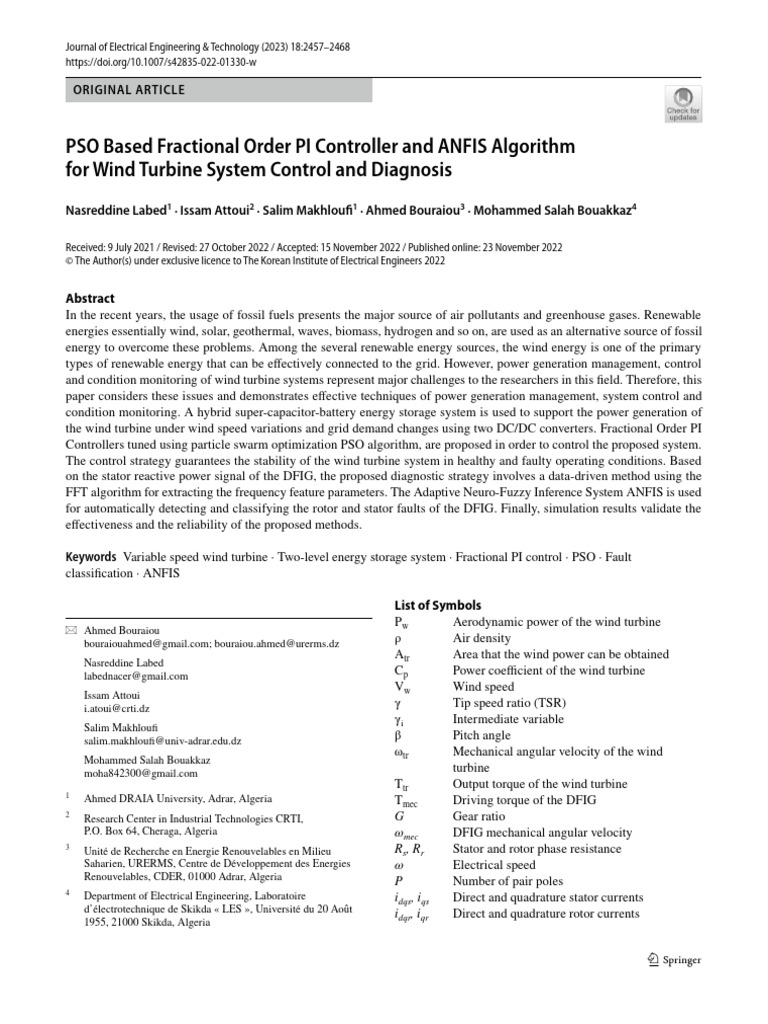 PSO Based Fractional Order PI Controller and ANFIS Algorithm For Wind ...