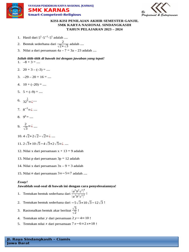 Kisi-Kisi Soal PAS Ganjil 2023 Matematika Kelas X | PDF | Metode & Bahan Ajar