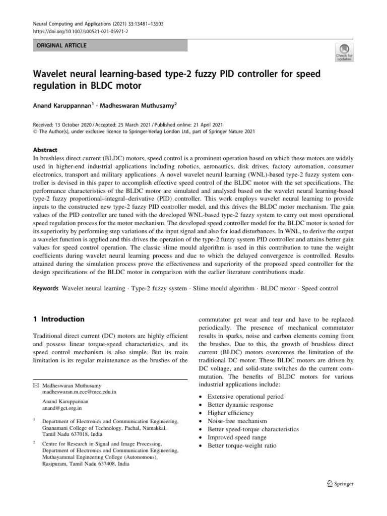 Wavelet Neural Learning-Based Type-2 Fuzzy PID Controller For Speed Regulation in BLDC Motor ...