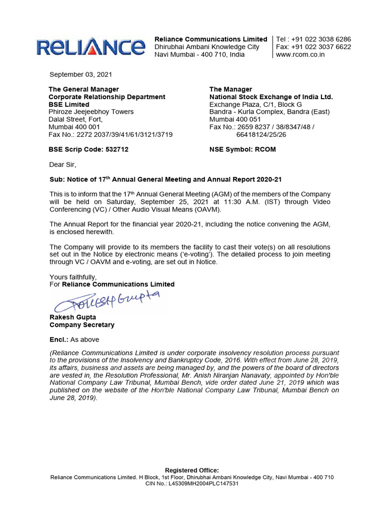 Reliance Communications AGM Notice 2021 | PDF | Login | Electronic Voting