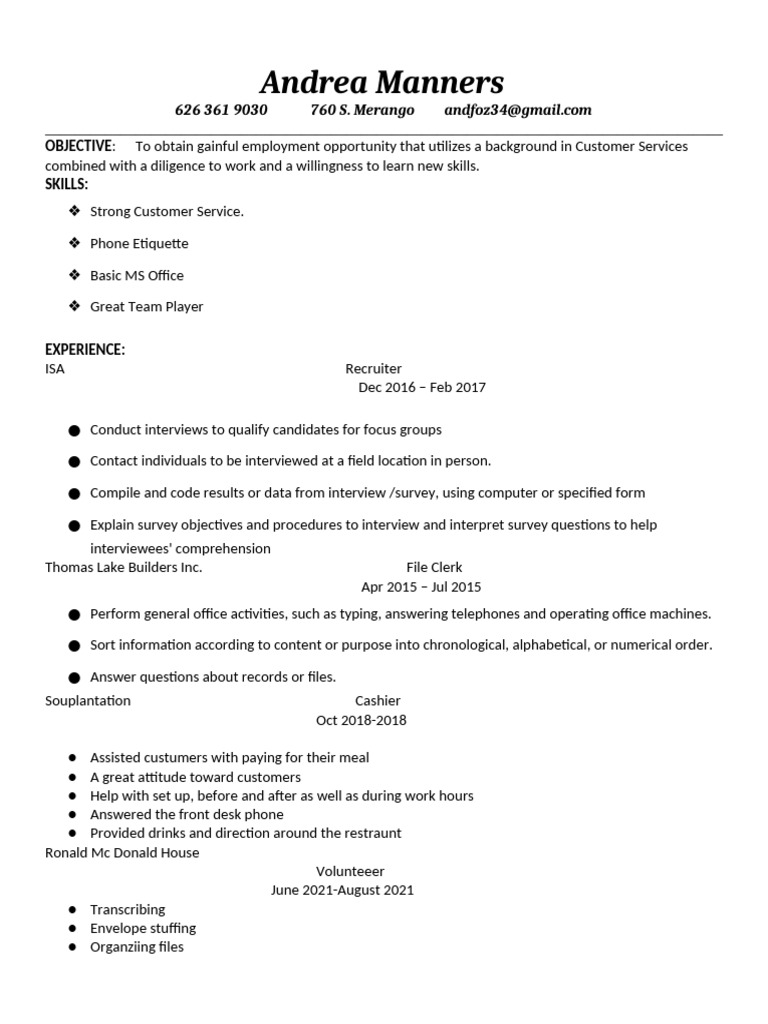 Manners Andrea Customer Service Resume | PDF