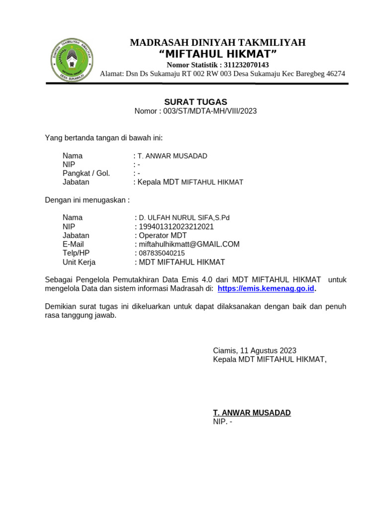 Contoh Surat Tugas Pengelolaan Emis 4.0 | PDF