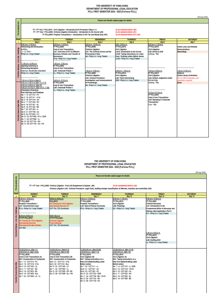 2024-2025 1st Sem FT PCLL Timetable - 26 .8.2024 (v.9) | PDF | Practice Of Law | Justice