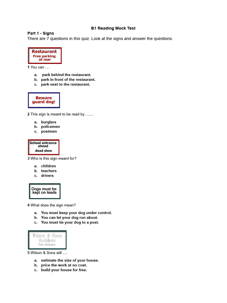 B1 Reading Mock Test: Signs & Accommodations | PDF | Mount Everest