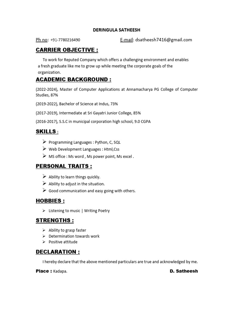 Carrier Objective:: PH No: E-Mail | PDF