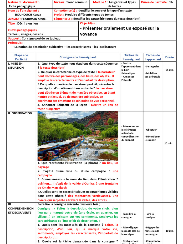 Décrire un lieu : fiche pédagogique | PDF | Pédagogie