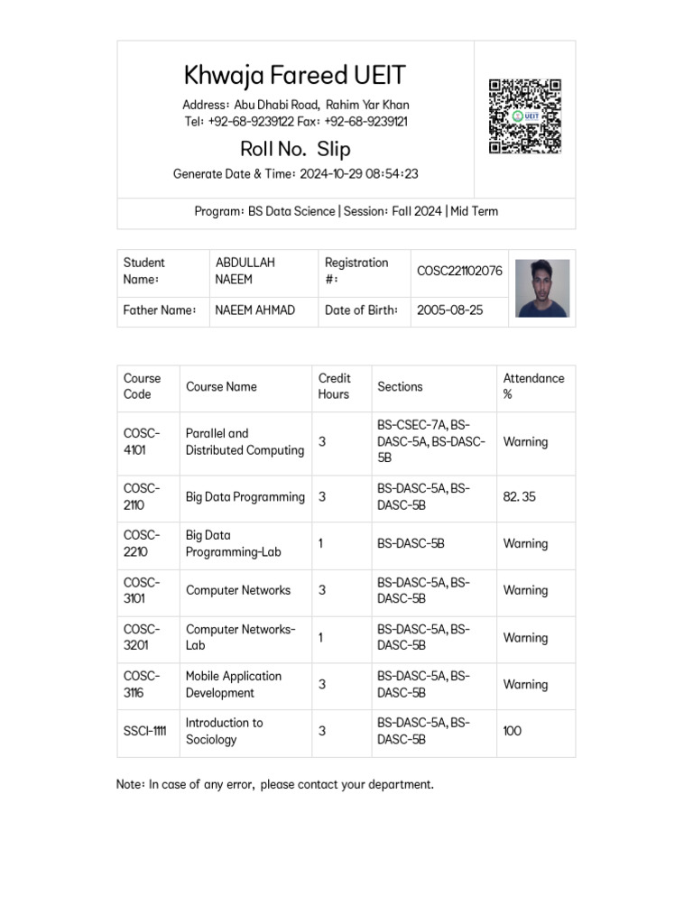 KFUEIT - RollNo - Slip | PDF