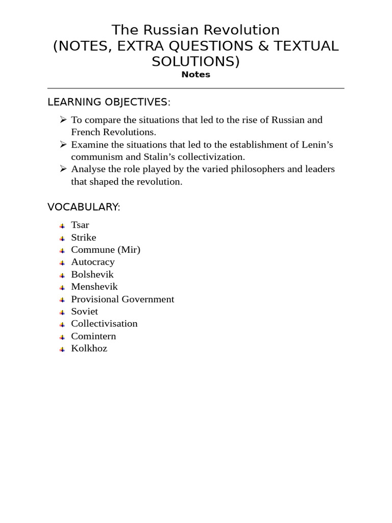 The Russian Revolution (NOTES, GRADE 9 CBSE CURRICULUM) | PDF | Russian ...