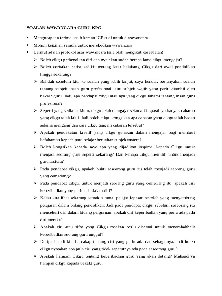 Soalan Wawancara Guru KPG | PDF
