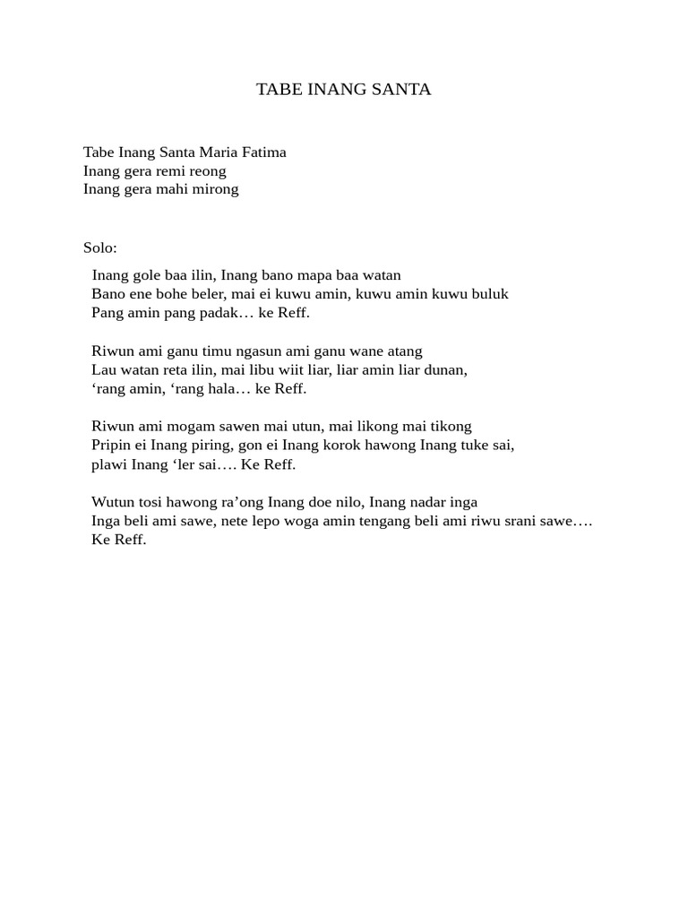 Lagu Tabe Inang Santa | PDF | Seni & Disiplin Bahasa | Fiksi Misteri, Thriller, & Kejahatan