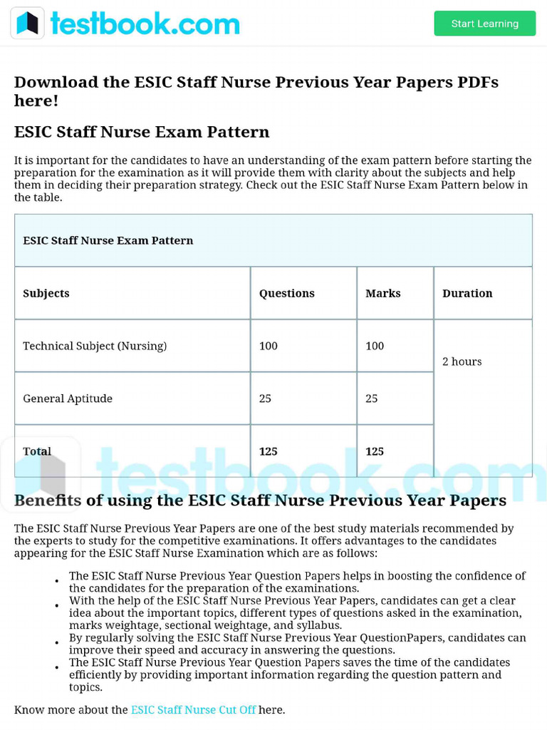 The ESIC Staff Nurse Previous Year Papers PDFs Here! | PDF