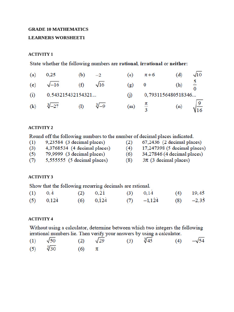 Grade 10 Math: Number Types Worksheet | PDF | Language Arts ...