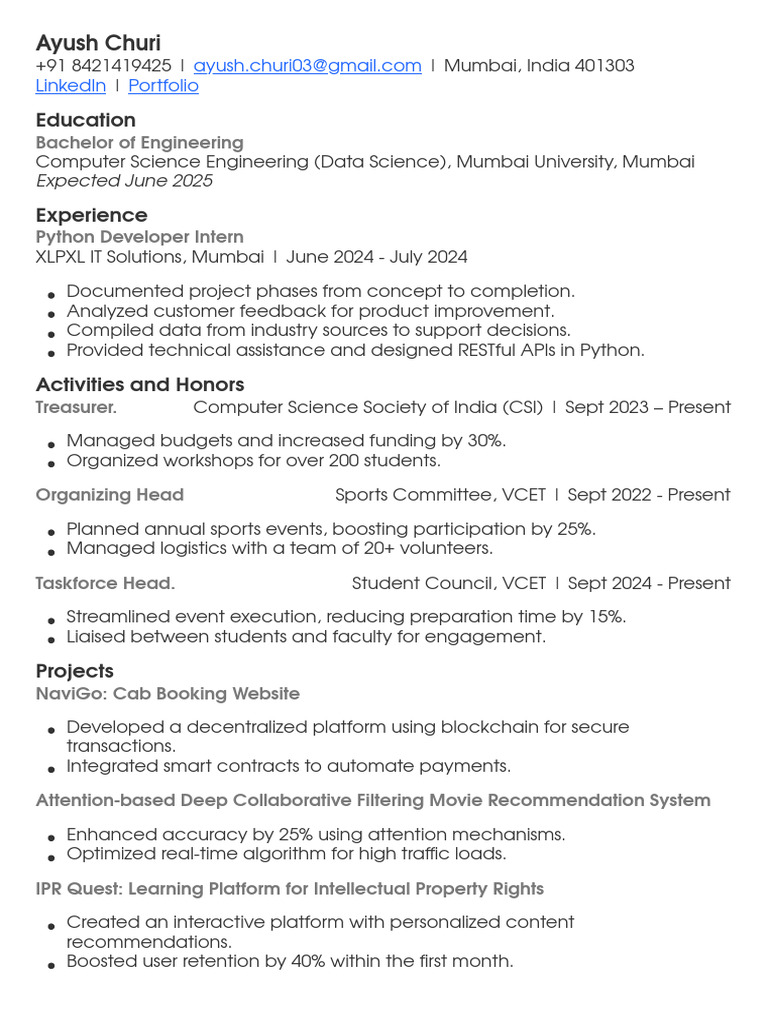Ayush Churi: Python Developer & Data Science Student | PDF