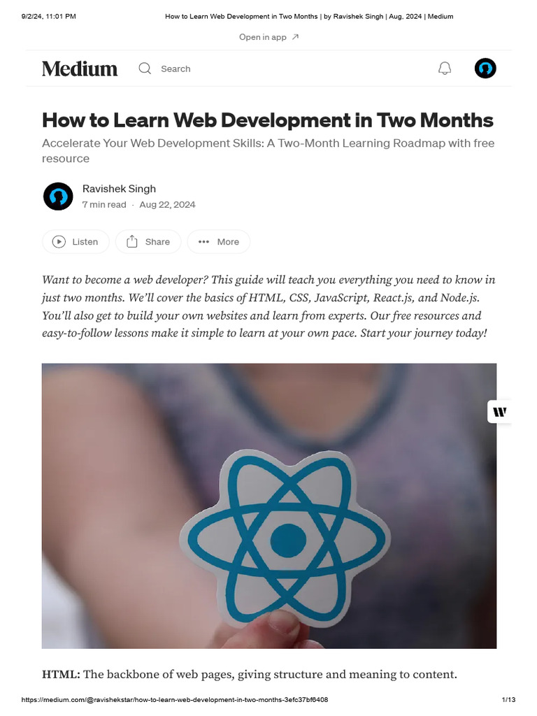 How To Learn Web Development in Two Months - by Ravishek Singh - Aug, 2024 - Medium | PDF | Web ...