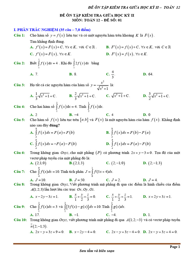 15 de On Tap Kiem Tra Giua Hoc Ki 2 Mon Toan 12 70 TN 30 TL Trang 1 | PDF