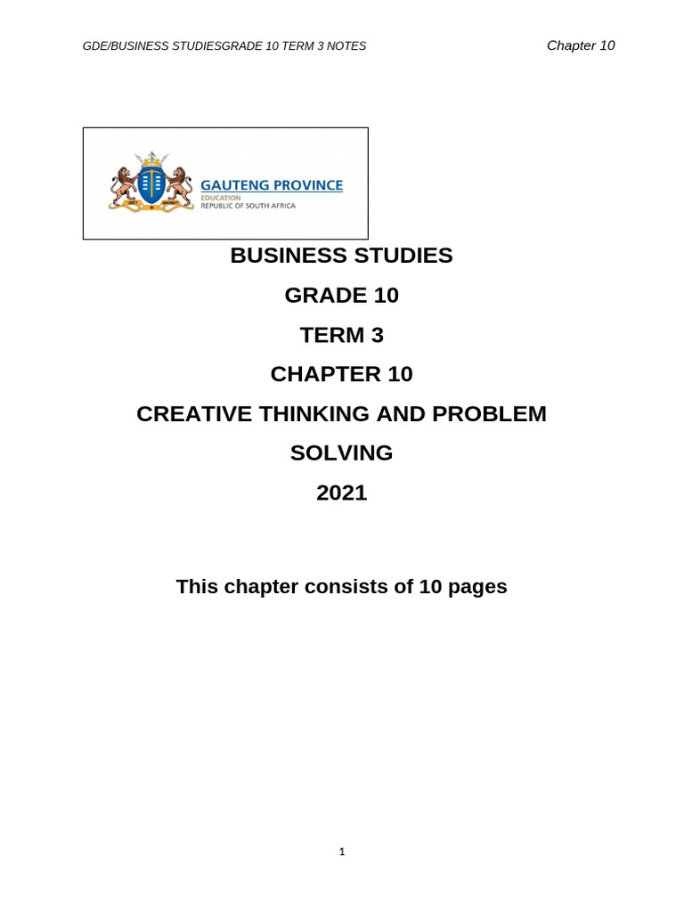 2021 Business Studies Grade 10 Term3 Chapt 10 Creative Thinking & Probl | PDF | Creativity ...