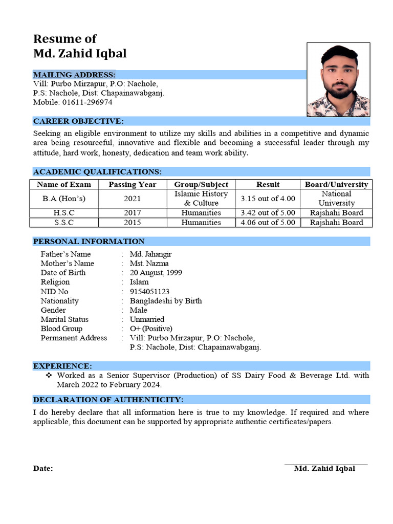 Md. Zahid Iqbal CV | PDF