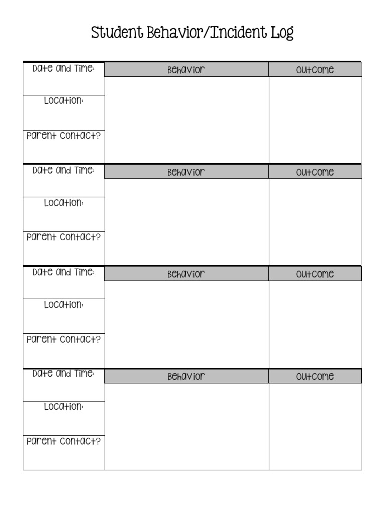 Student Behavior/Incident Log: Date and Time: Behavior Outcome | PDF