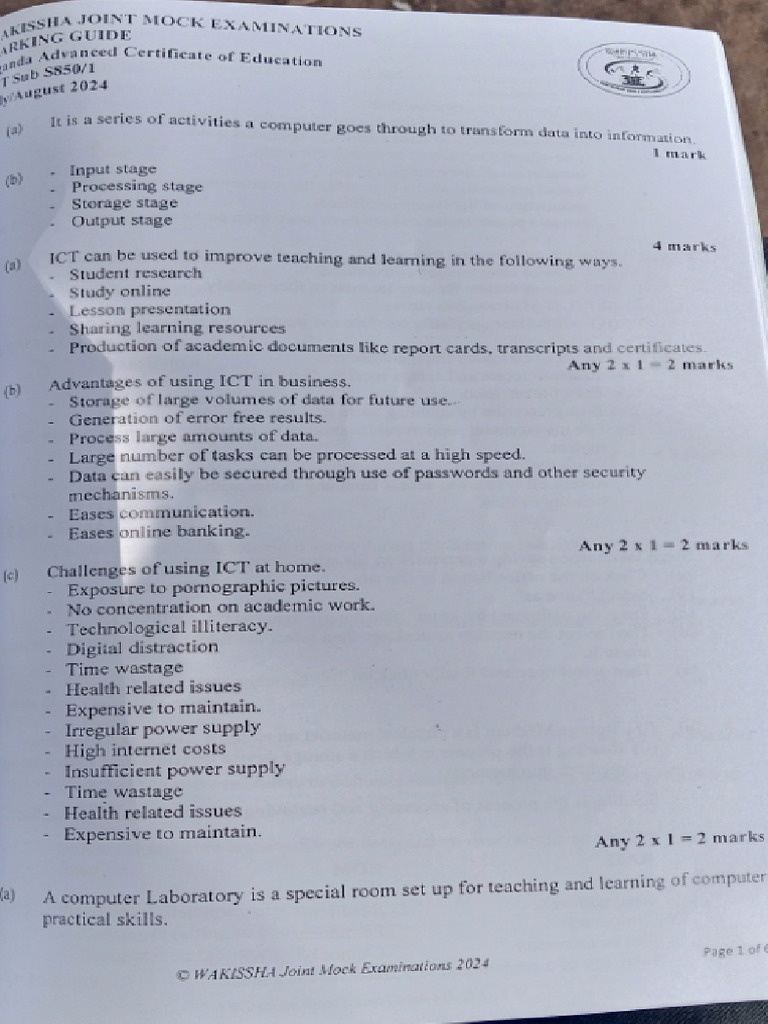 ICT Marking Guide Wakissha 2024 | PDF