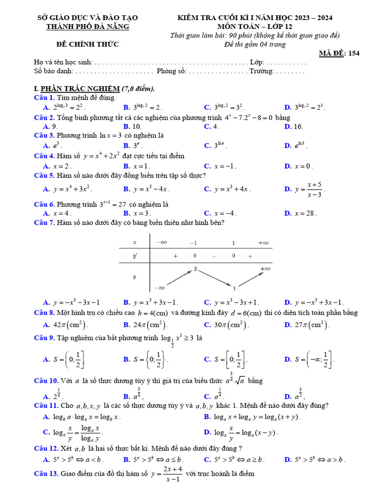 De Kiem Tra Cuoi Ki 1 Toan 12 Nam 2023 2024 So GDDT Da Nang | PDF