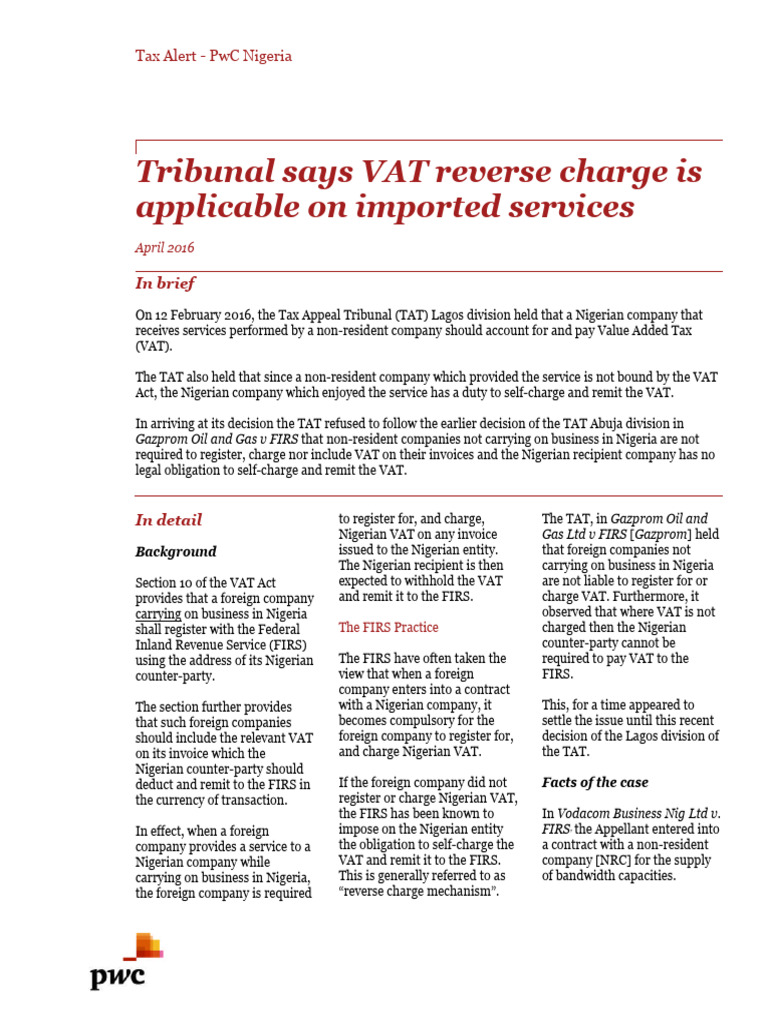 PWC Tax Alert Vat Is Chargeable On Imported Services April 2016 | PDF ...