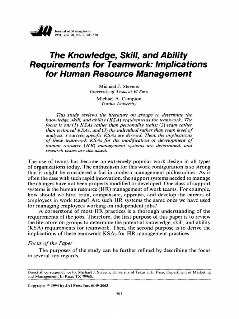 Teamwork KSA Requirements for HRM | PDF | Nonverbal Communication ...