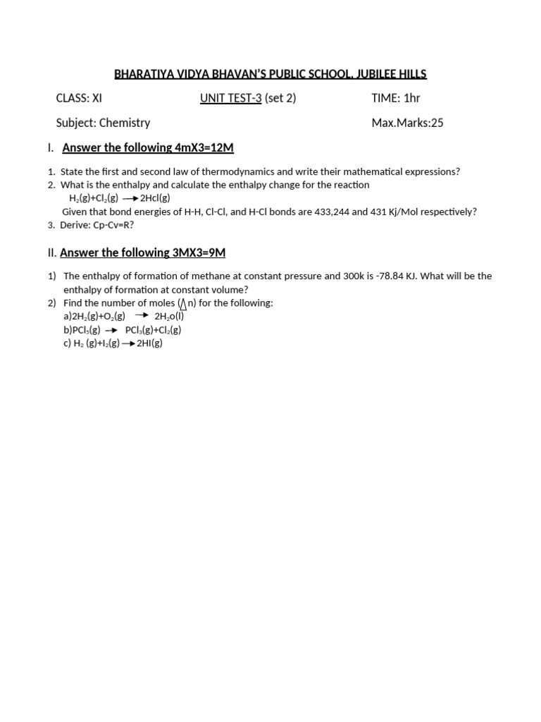 Chemistry Unit Test 3 - Class XI | PDF | Teaching Methods & Materials