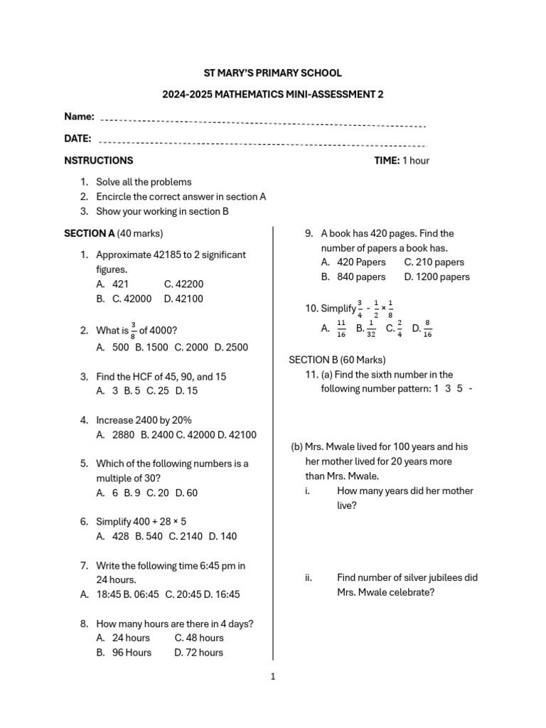 Mathematics Mini-Assessment 2 - 085630 | PDF | Mathematics