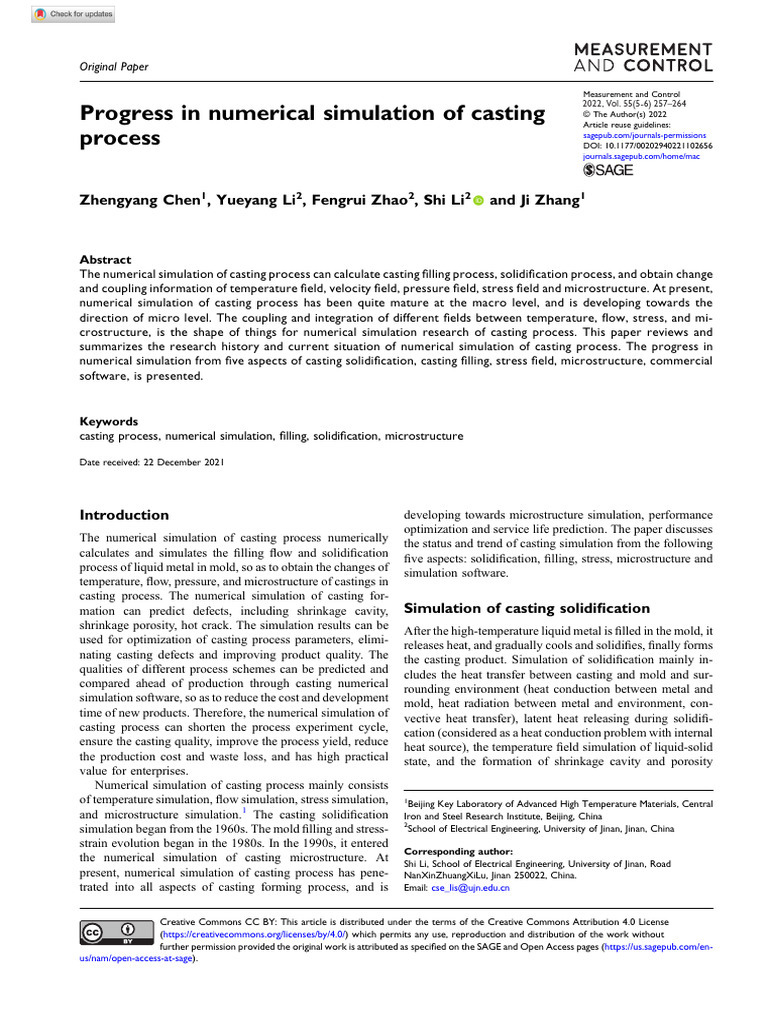 Chen Et Al 2022 Progress in Numerical Simulation of Casting Process | PDF | Casting | Heat Transfer