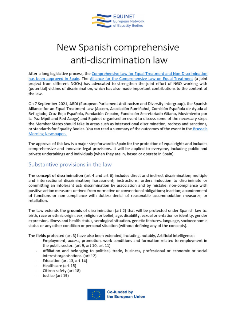 New Spanish Comprehensive Anti Discrimination Law Summary | PDF ...