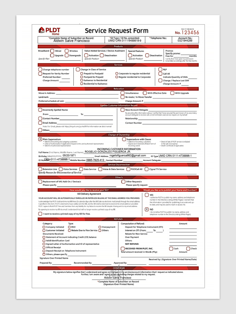PLDT Service Request Form | PDF