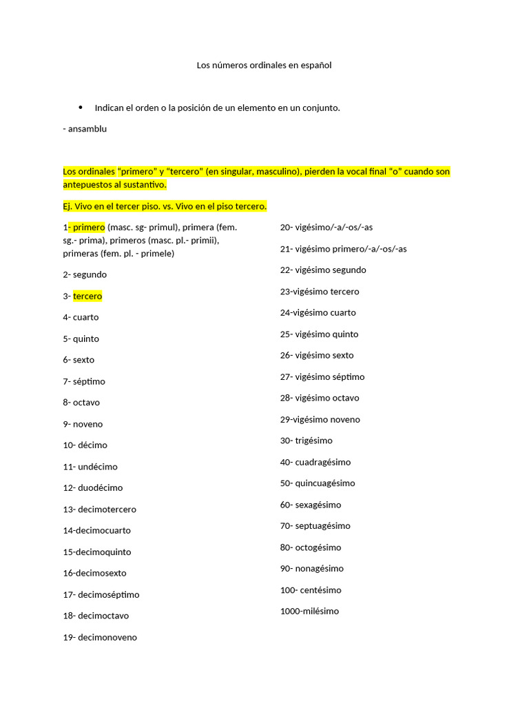 Números ordinales en español | PDF
