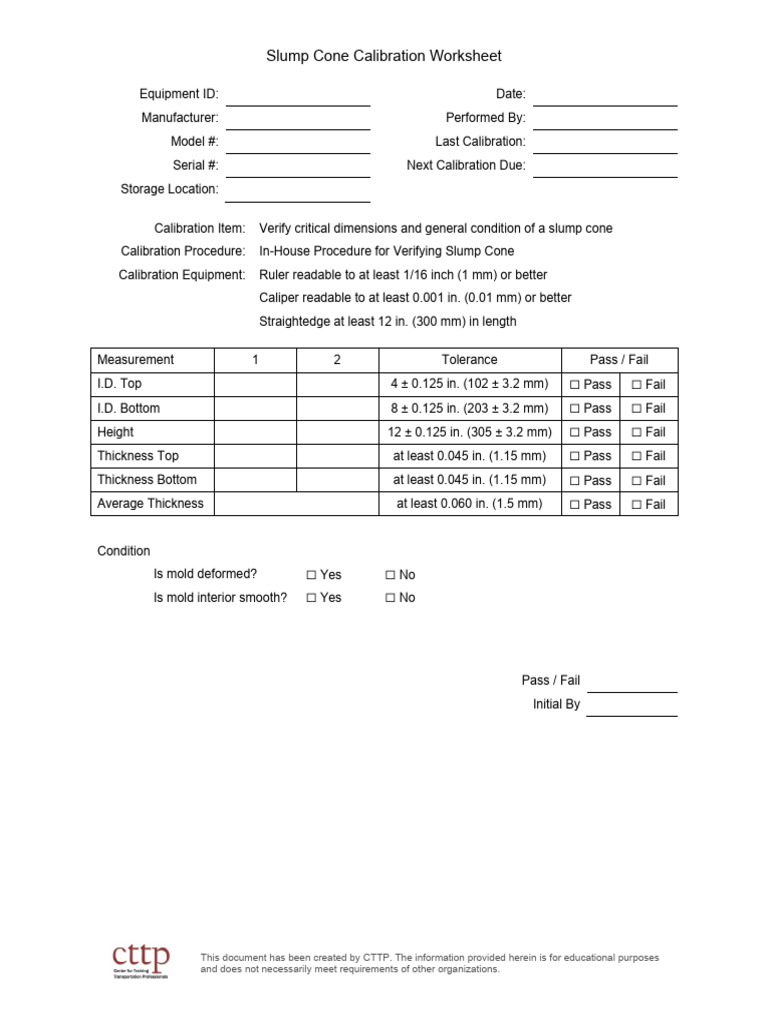 Slump Cone Calibration Worksheet | PDF
