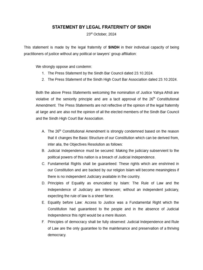 Statement by Legal Fraternity of Sindh | PDF | Rule Of Law | Judiciaries