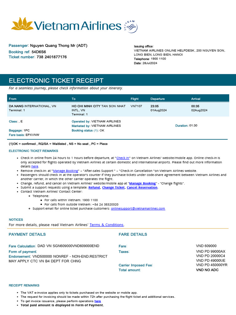 Electronic Ticket EMD Receipt 01AUG For QUANG THONG NGUYEN | PDF ...