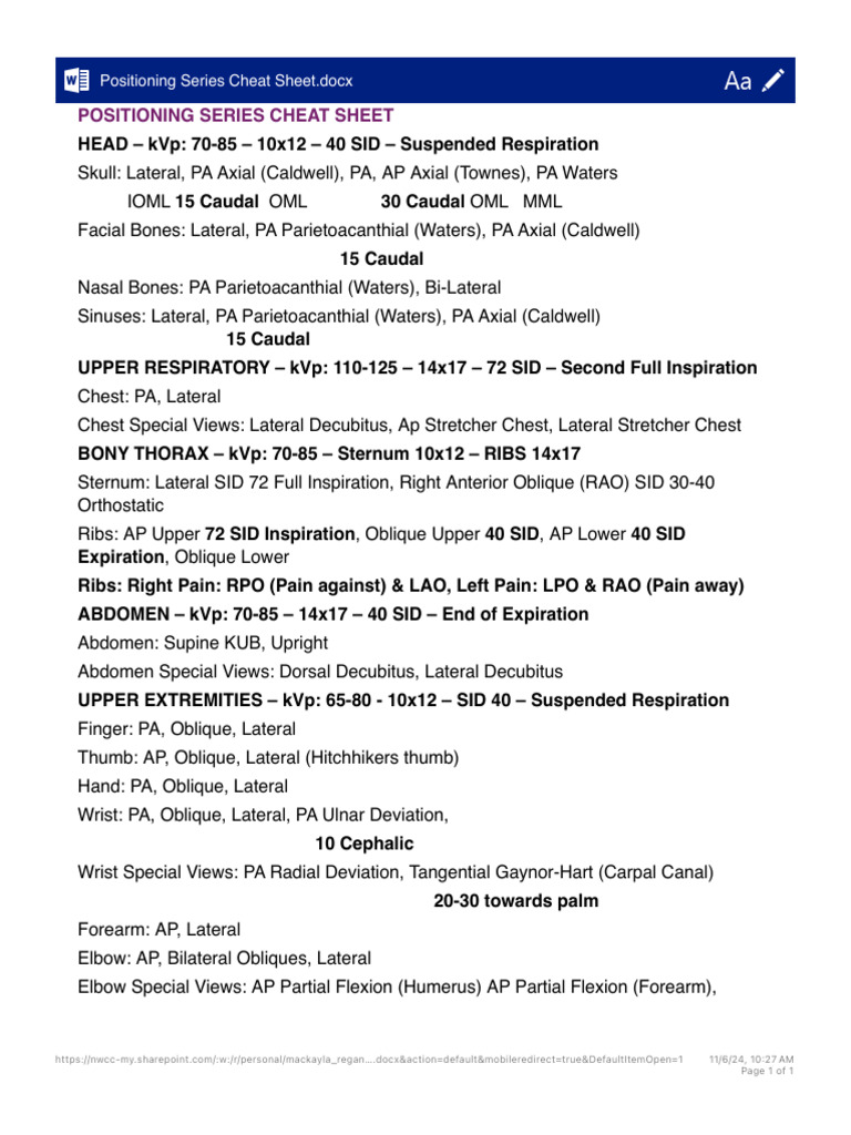 Radiographic Positioning Cheat Sheet | PDF